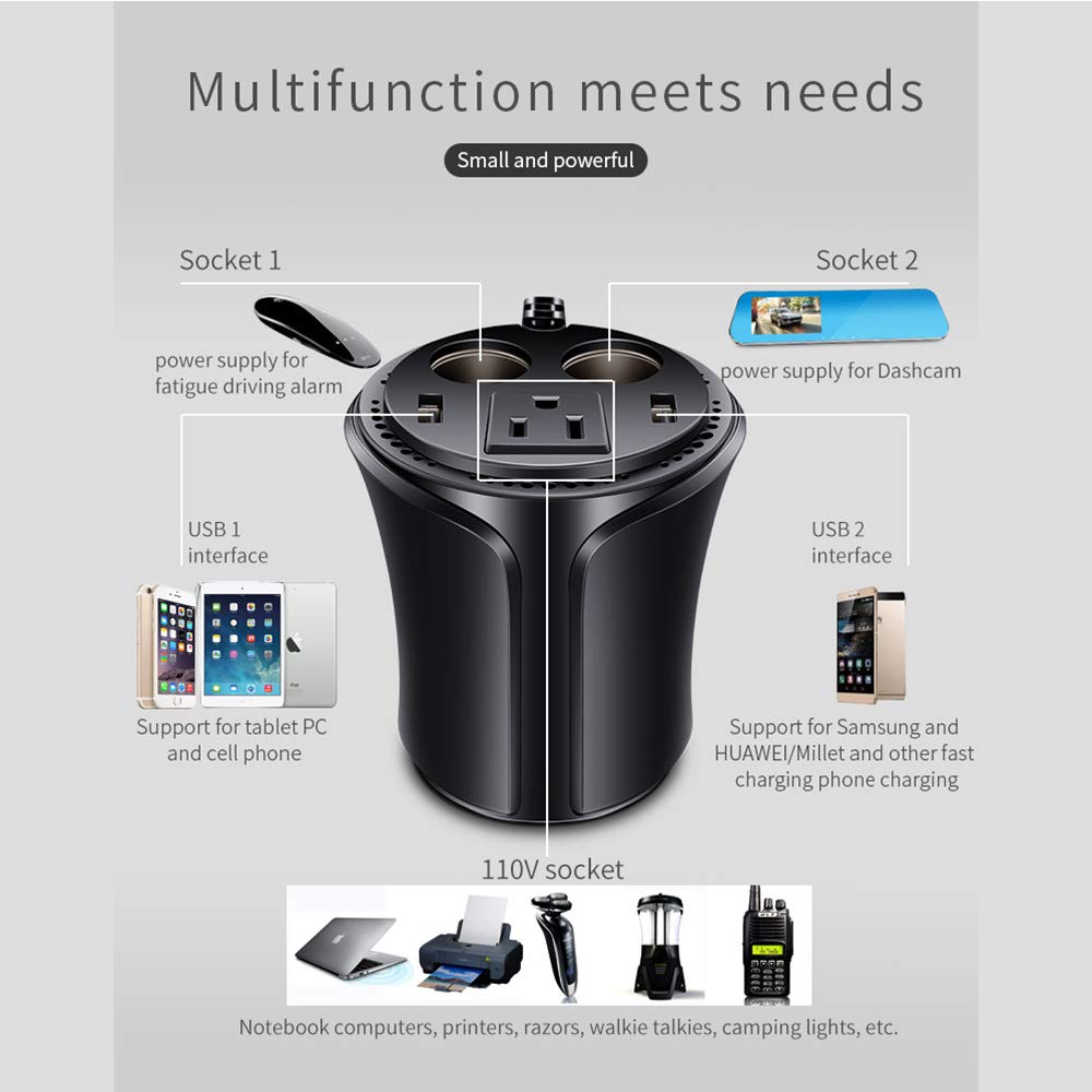 150W Car Power Inverter with 1 AC Outlet + 2x3.1A Dual USB Charging Ports Car Adapter + 2x40W Car Cigarette Lighter Socket DC12V to 110V AC Converter