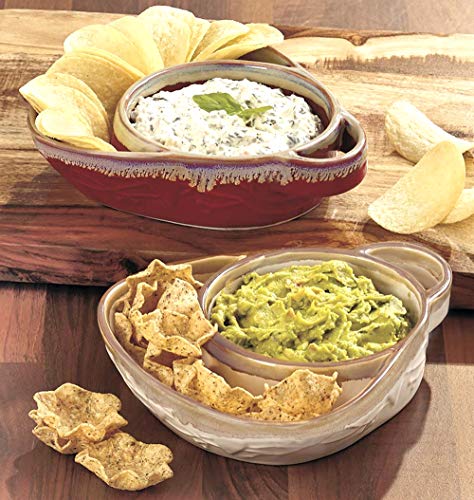 Stoneware Soup & Side, Chips & Dip Bowl Set of 2 by Roe & Moe (Cream and Red)