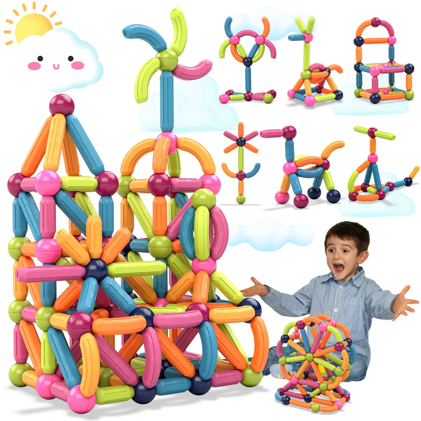 74 PCS Magnetic Balls and Rods Set,Magnetic Building Sticks Blocks Toys,Magnet Educational Toys STEM Toys for Kids,Learning Magnetic Toys for Boys Girls Age 3 4 5 6 7 8+ Years Old Gifts