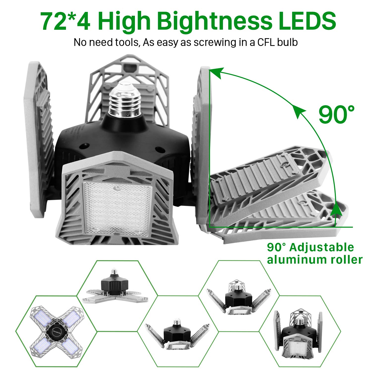 150W Garage Light, New Four Leaf Tribright Deformable LED Garage Light, 15000 Lumen Quadruple Glow LED Garage Lights, CRI 80, 6000K Retractable Garage Ceiling Light for Warehouse, Basement, Barn
