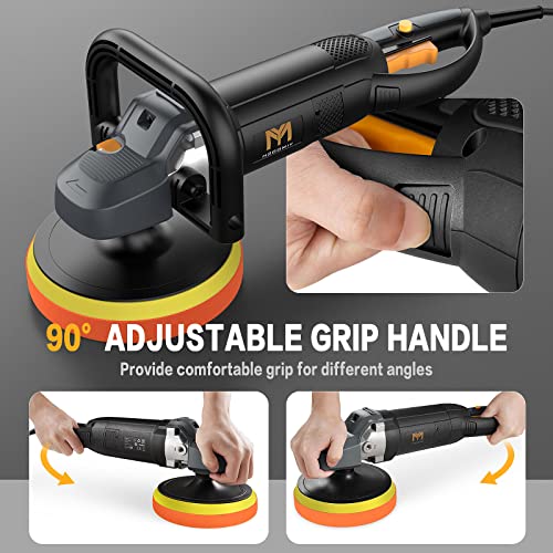 1500W Buffer Polisher, 180mm Rotary Car Polisher Machine Polishing Waxer Kit for Car Detailing with 6-Level Speed,D & Side Handle,4 Foam Pads, 2 Carbon Brushes and 10 Sandpapers