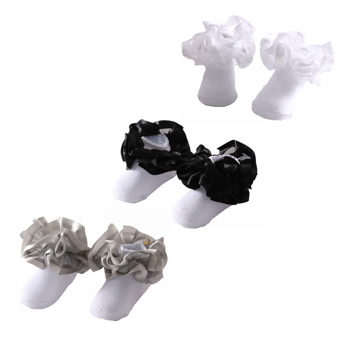 3 Pairs 3D Three-dimensional Ruffled Lace Cotton Socks,Cute Double Big Lace Dress Princess Socks for Girls (3Pairs-Black/White/Grey, 0-12 Months)