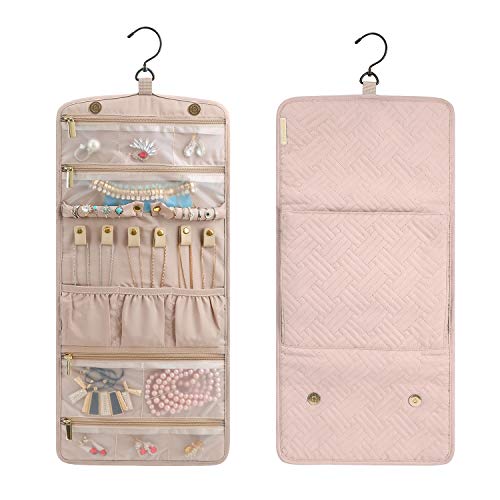 BAGSMART Travel Hanging Jewelry Organizer Case Foldable Jewelry Roll with Hanger for Journey-Rings, Necklaces, Bracelets, Earrings, Soft Pink