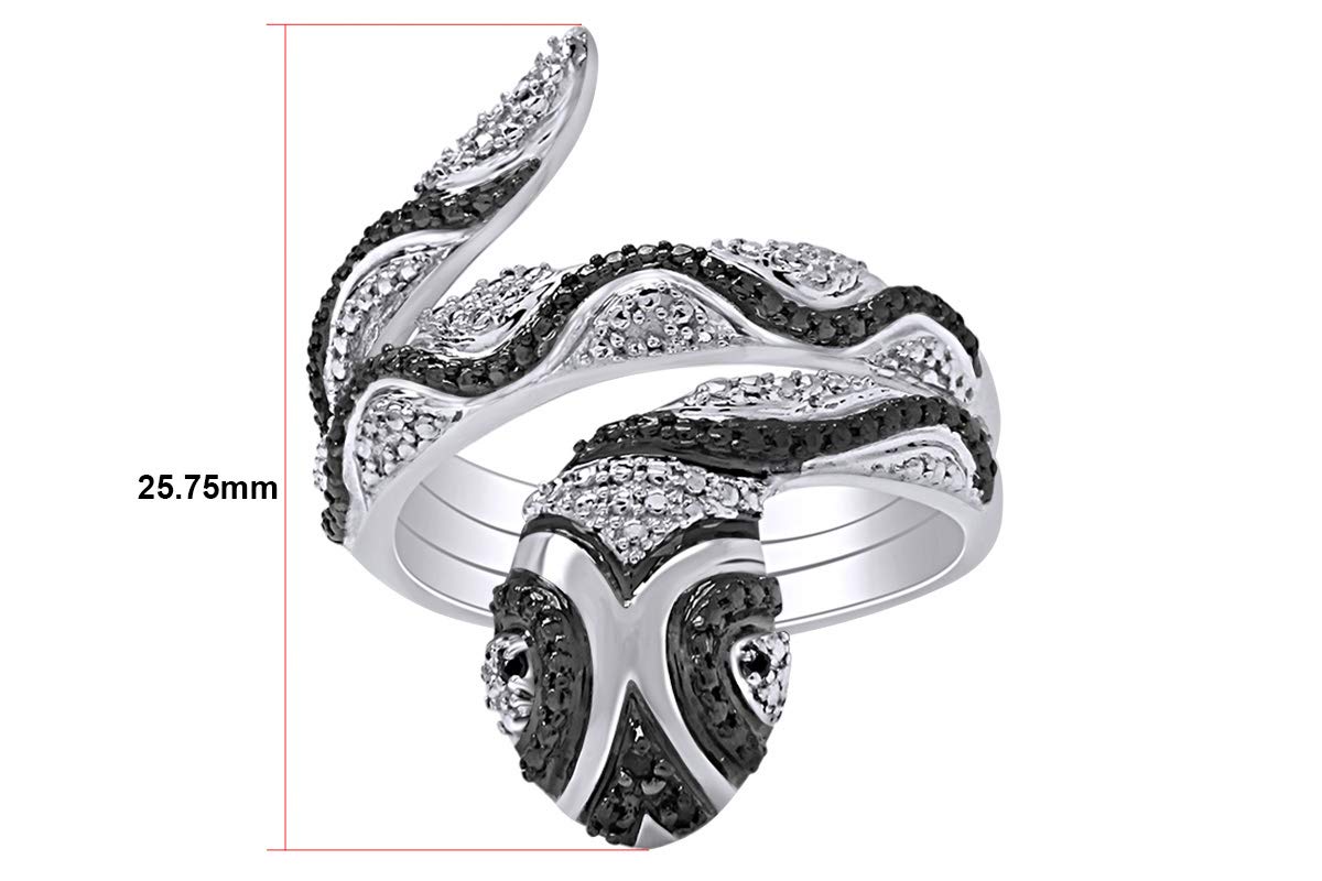 14k White Gold Over Sterling Silver Black Natural Diamond Accent Snake Ring For Women Ring Size-7 (0.01 Carat, Color - Black, Clarity I2-I3)