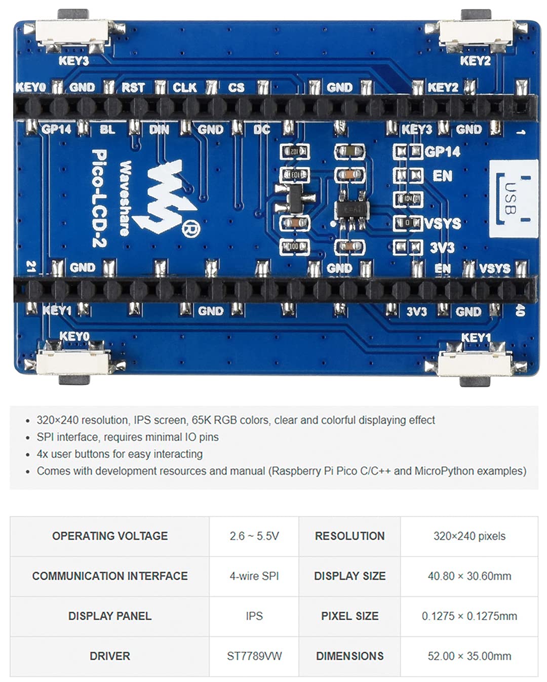 Bicool 2inch IPS LCD Display for Raspberry Pi Pico,65K RGB Colors, 320×240 Pixels, SPI Interface Embedded ST7789VW Driver