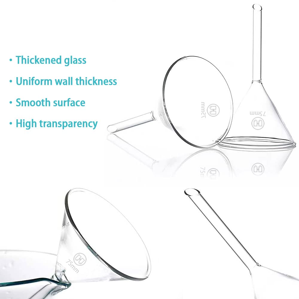 75mm Glass Funnel, Short Stem Borosilicate Glass Funnel for Science Labs and Home Kitchen Use, HUAOU, Pack of 1