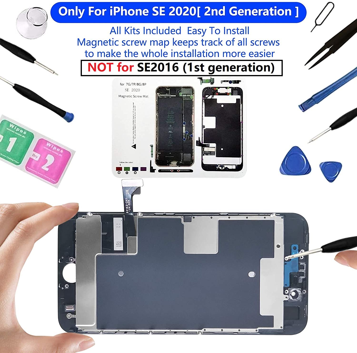 Diykitpl for iPhone 8/ SE 2020 2nd Generation Screen Replacement Black, LCD Touch Screen Digitizer with Repair Tools for A2275, A2298, A2296 with Waterproof Seal+Repair Tools+Screen Protector