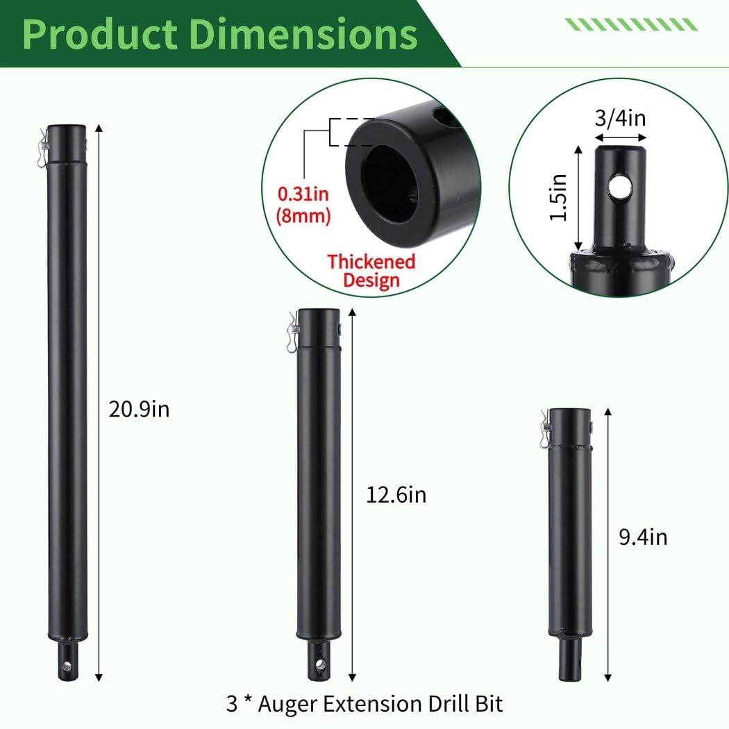 3 PCS Auger Extension Drill Bits, 3/4β Shaft Earth Auger Drill Bit Extension, Auger Drill Bit Extension Bar, Garden Spiral Hole Drill Bit Extension Rod, Post Hole Digger Replacement, Thickened Design