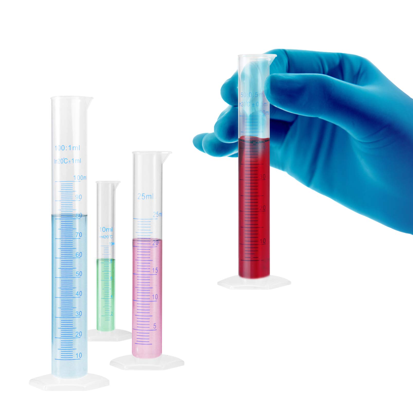 Lurrose Measuring Cylinder Graduated Cylinder Lab Test Tube Set of 4, Plastic Graduated Cylinder Set 10, 25, 50, 100ml