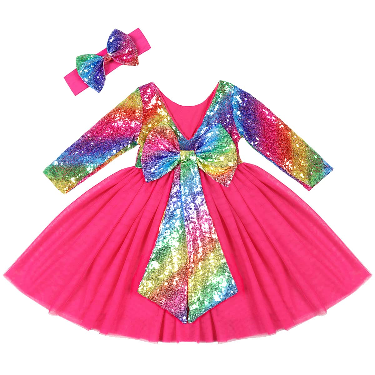 Cilucu Flower Girl Dress Sequin Dress Baby Toddler Long Sleeve Dress Tutu Kids Party Birthday Christmas New Year Dress Rainbow Hot Pink 4T-5T