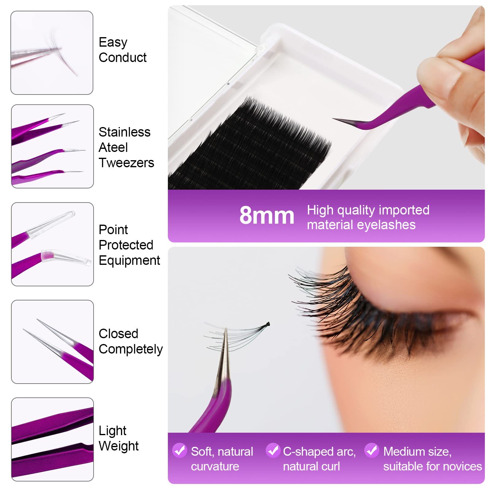 261 Pcs Eyelash Practice Kit Lash Kit for Eyelash Extension USB Air Conditioning Blower False Eyelash Mannequin Head Eye Lash Extension Kit Permanet for Beginner Makeup Training (Purple)