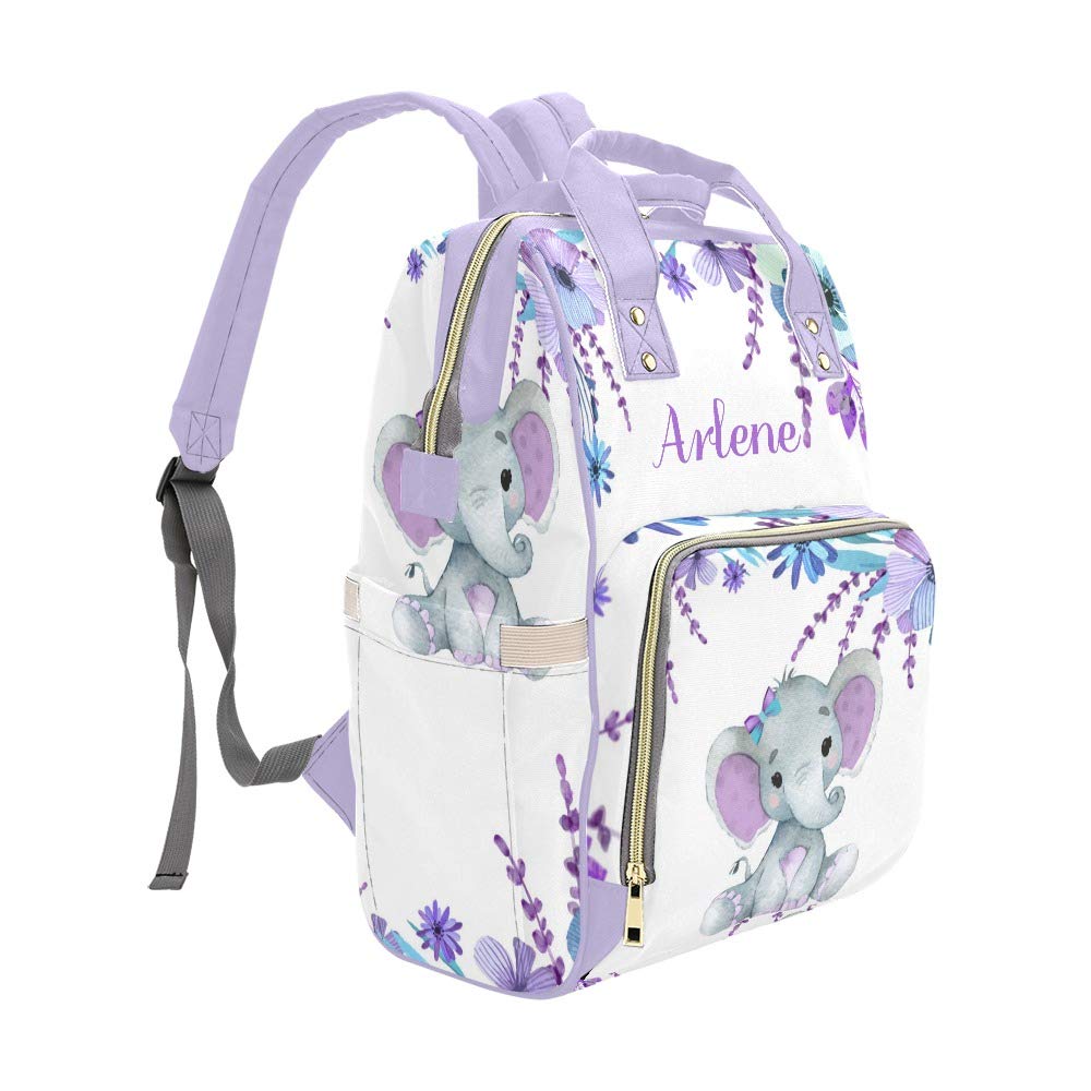 Elephant Purple Personalized Diaper Bag Backpack Tote with Name,Custom Travel Nappy Mommy Bag Backpack