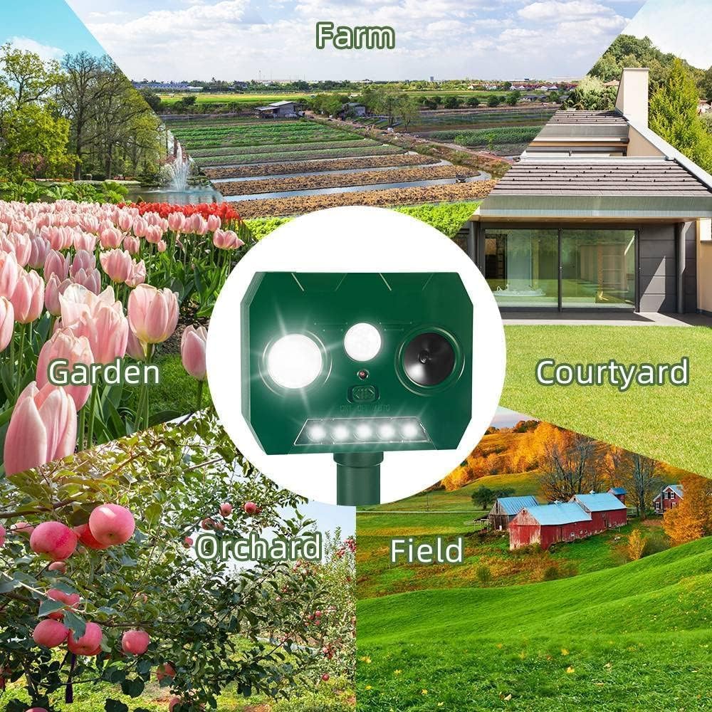 2 Pcs Solar Ultrasonic Animal Repellent 2024 Newest Cat Deterrent Outdoor with Motion Detector & Flash Light to Repel Squirrel, Cat, Deer, Skunk, Rabbit, Dog, Raccoon, Bird for Yard Lawns