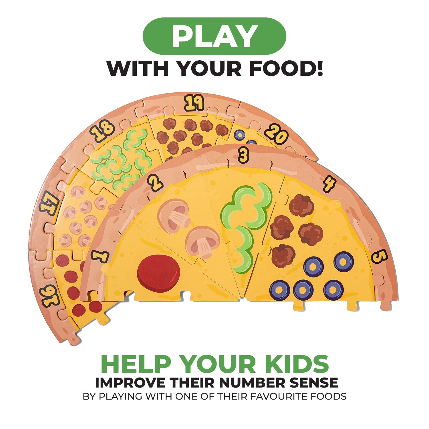 Abiliad 1-20 Double Sided Counting Pizza Puzzle - 7" Slices - 20 Piece Puzzle Teaches Counting 1-20, Number Recognition, and Motor Skills - Montessori Math Counting Puzzle