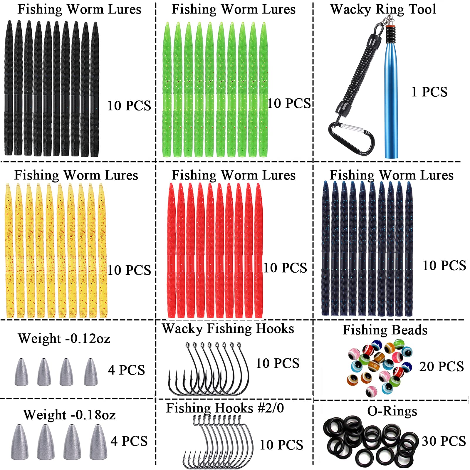 129 PCS Bass Fishing Kit 5.5ββ Wacky Senko Worms Soft Wacky Rig Plastic Stick Baits (129 pcs Fishing Worm Kit)