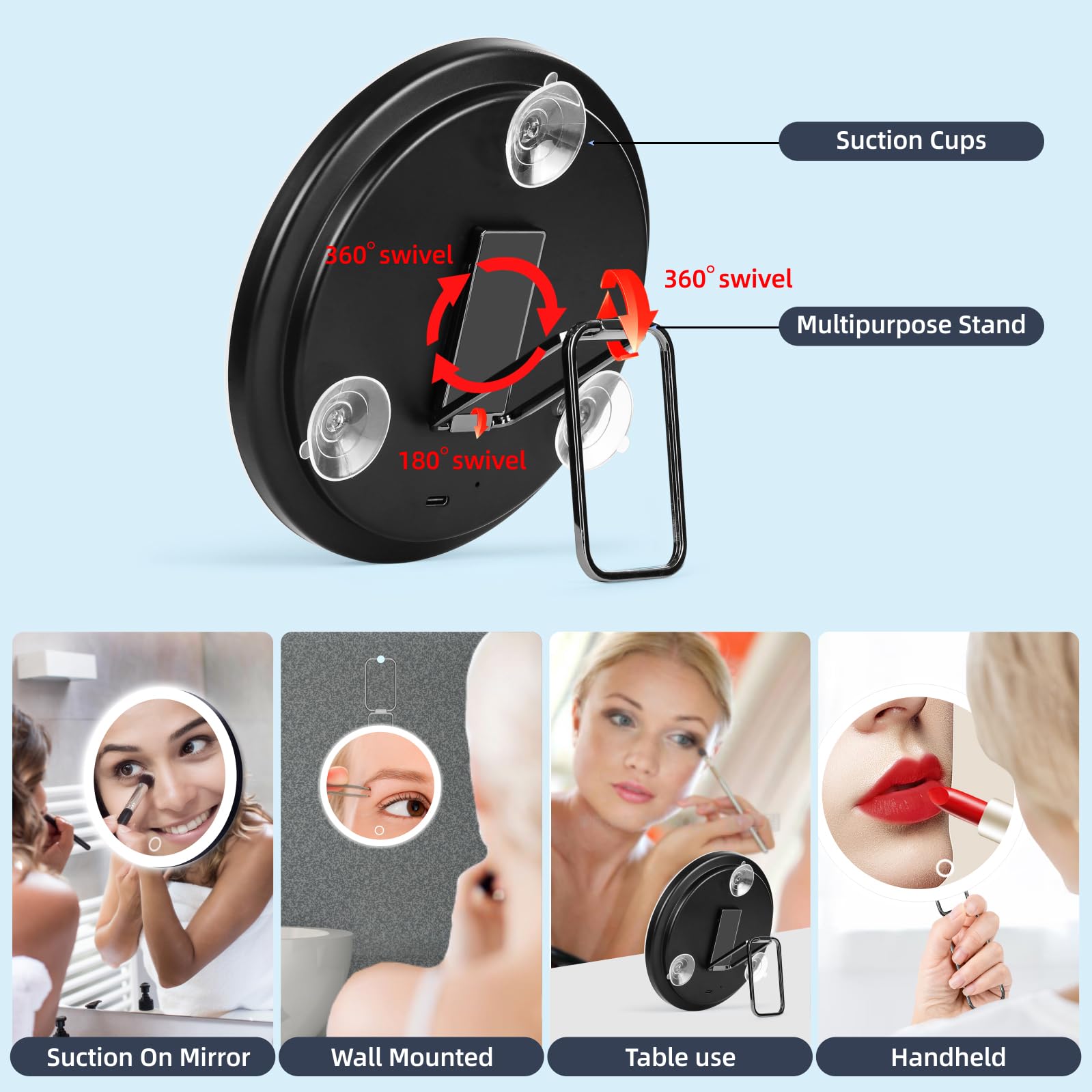 10X Magnifying Mirror, 6 Inch Makeup Mirror with Magnification, 10X Magnified Mirror with 3 Suction Cups and 360° Adjustable Stand for Handheld, Table, Wall-Mounted, Magnifying Mirror and Tweezers Set