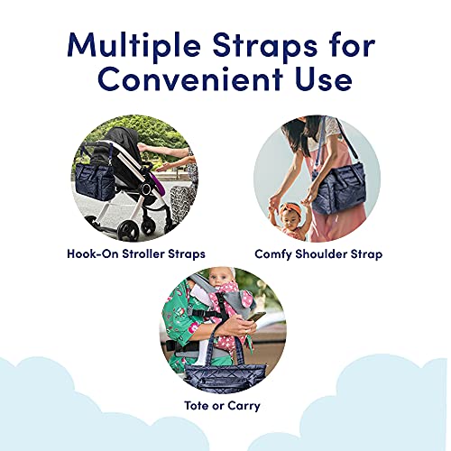 Great Travel Size Stylish Quilted Diaper Tote Bag, Gender Neutral Go Bag with Portable Changing Pad, Laptop Pocket, Shoulder Strap, and 2 Stroller Straps, Navy