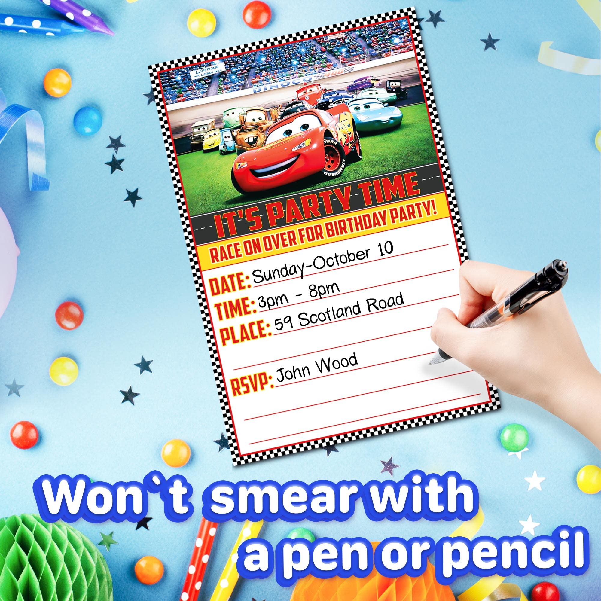 30x Cars Birthday Invitations and Envelopes β Fill-in Happy Birthday Party Invitations for Kids, 6X4 Inches, Postcard Style