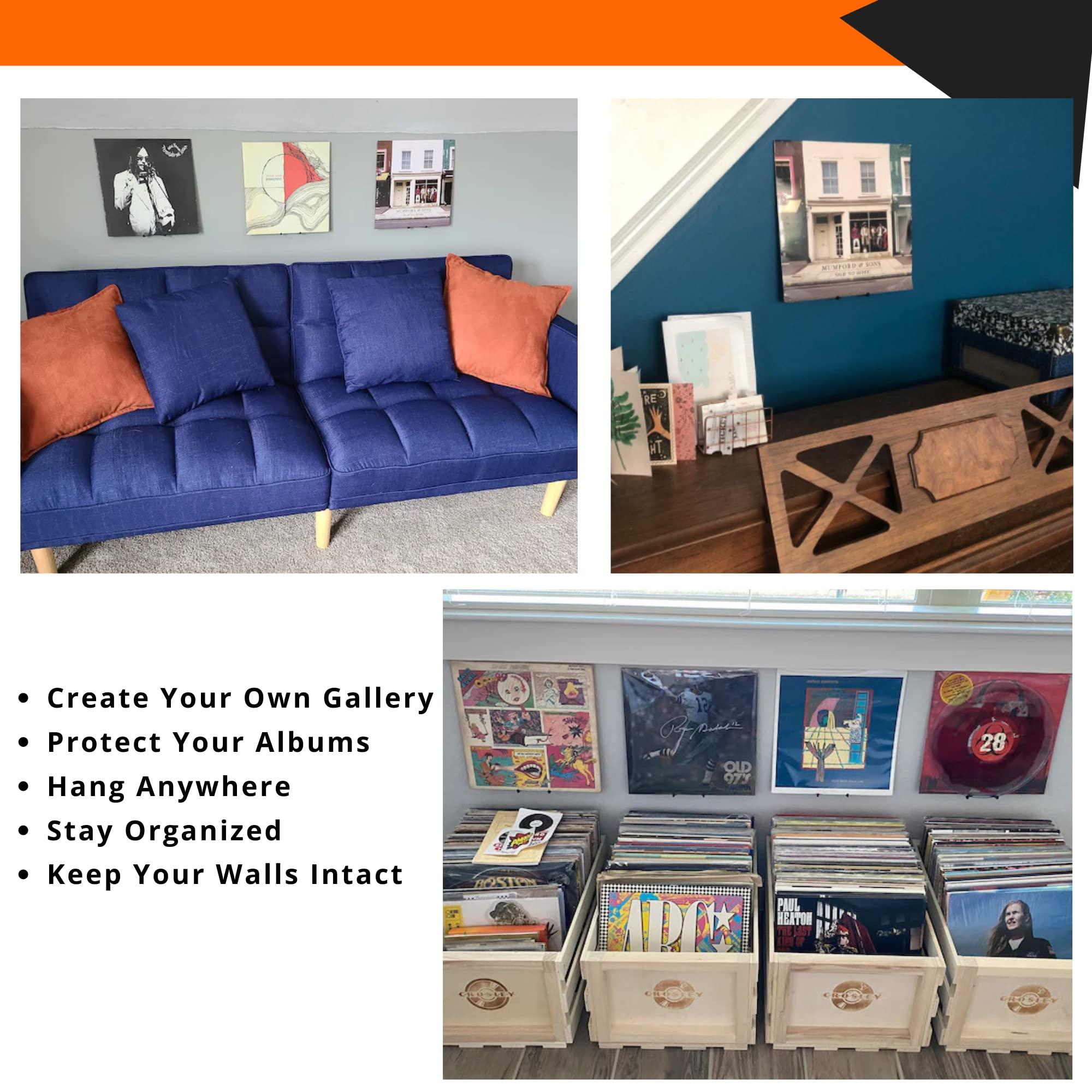 3d Lasers Lab Wall Mount Vinyl Record Display/Shelf [5-pk] - Display Your Albums Without Damaging Your Walls, Perfect for Office, Home, Dorms, and Apartments (Black, 5)