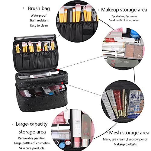 MKPCW makeup bag Large Double-layer cosmetic bag with brush bag and divider Makeup Case Organizer (Black)