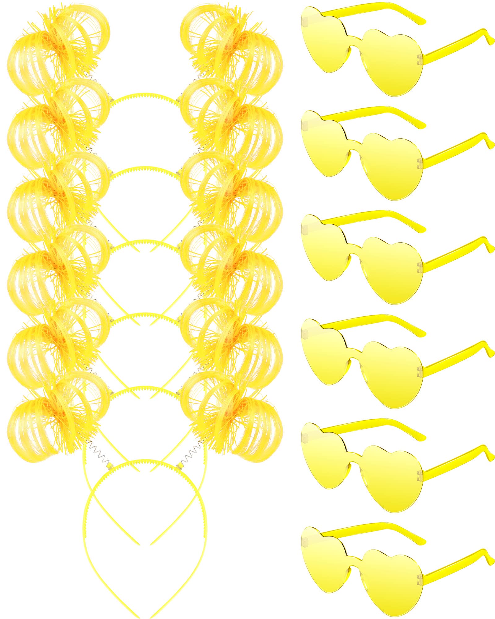 12 Pcs Tinsel Wrapped Ponytails Headband with Heart Shape Sunglasses Costume Party Faux Feather Headwear Bopper for Festival(Yellow)