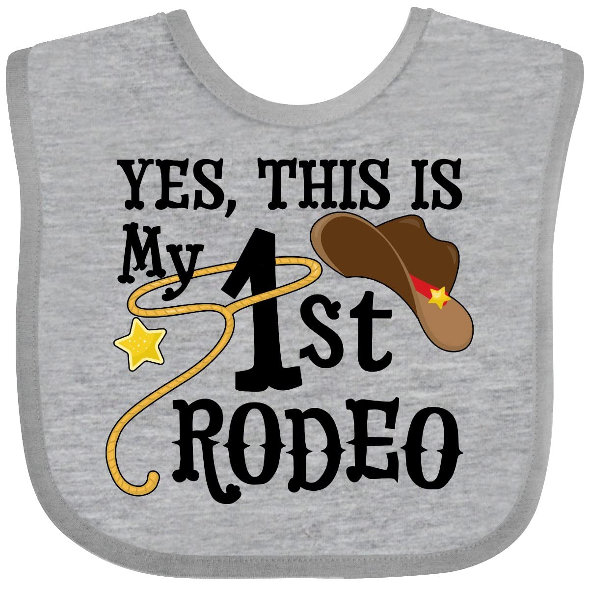 inktastic Yes, This Is My 1st Rodeo- Cowboy Hat with Red Band, Lasso Baby Bib Heather Grey 35614