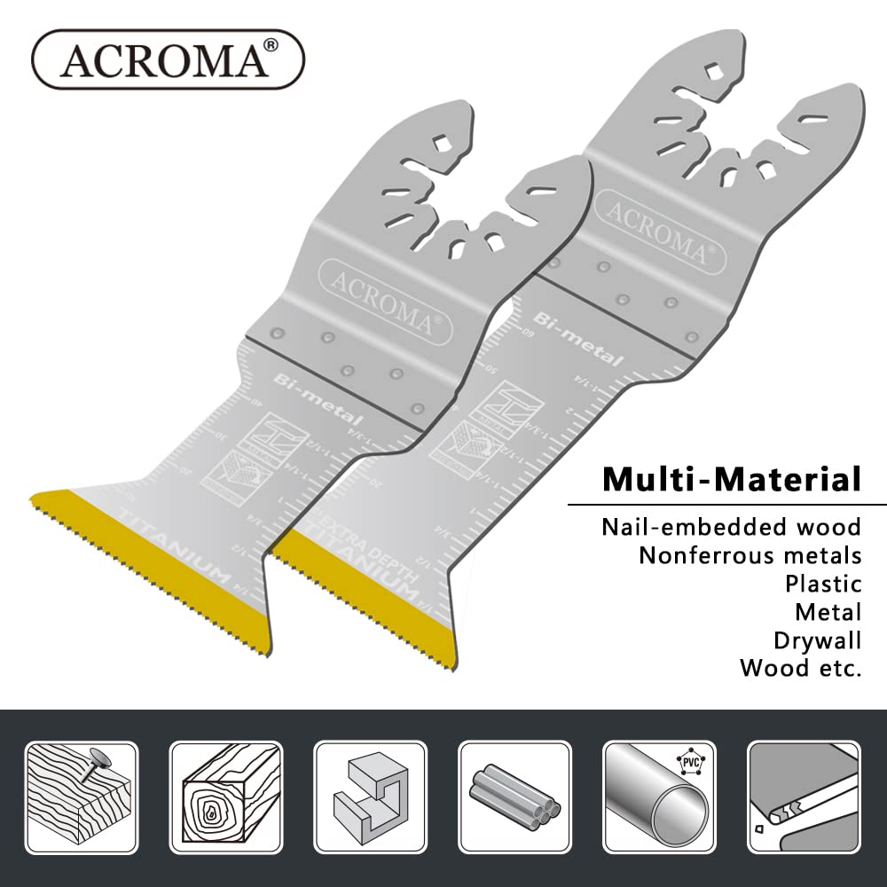 Acroma 5-Piece Universal Oscillating Multitool Blade Set, Titanium-Enhanced M42 HSS Bi-Metal, Including 2" and 2-2/3" Extra-Long Blades, Ideal for Plunge/Flush Cut on Multi-Materials. BM50005