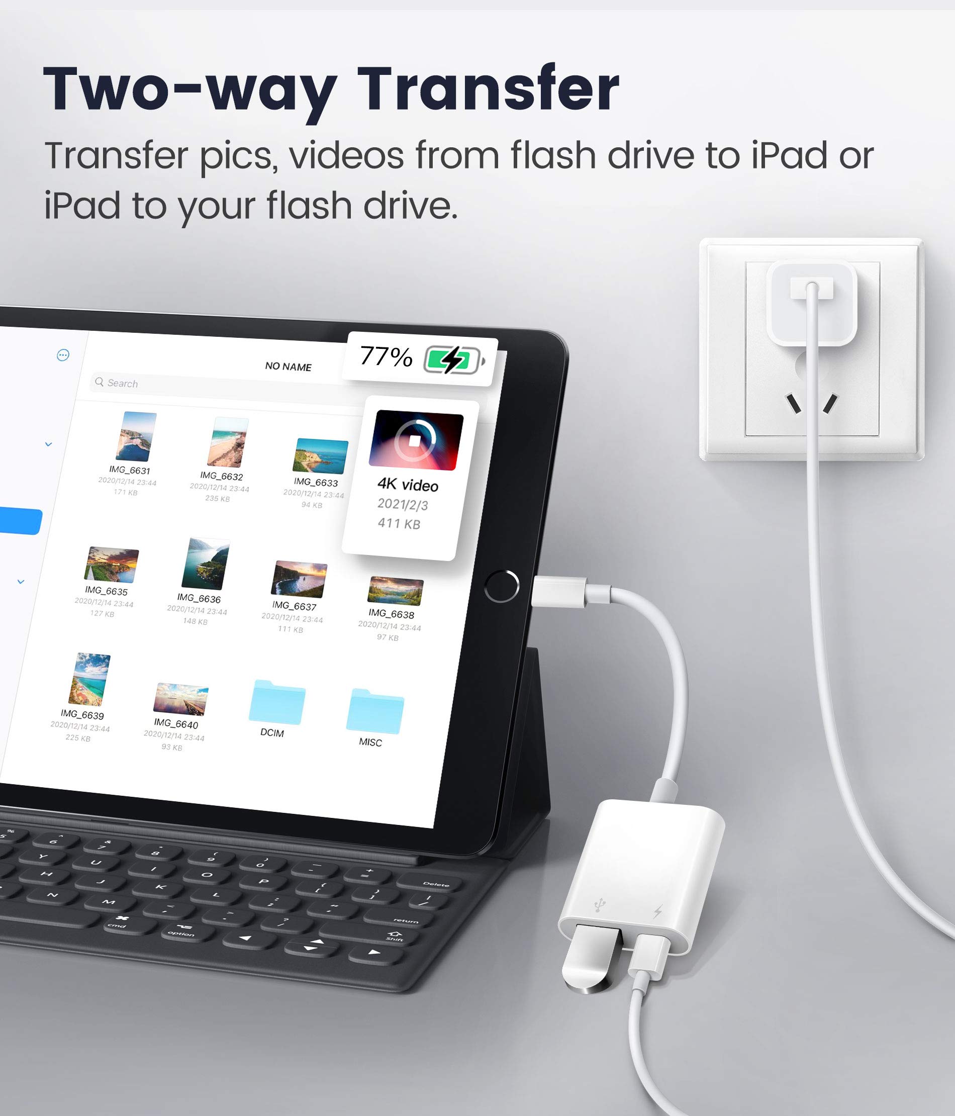 Fubiaofei USB Adapter for iPhone/iPad, LᎥghtnᎥng to USB Female OTG Adpater,USB3 to iPad Adapter with Charging Port,Supports FlashDrives,MIDI,SD Card Reader and Mouse,Plug&Play