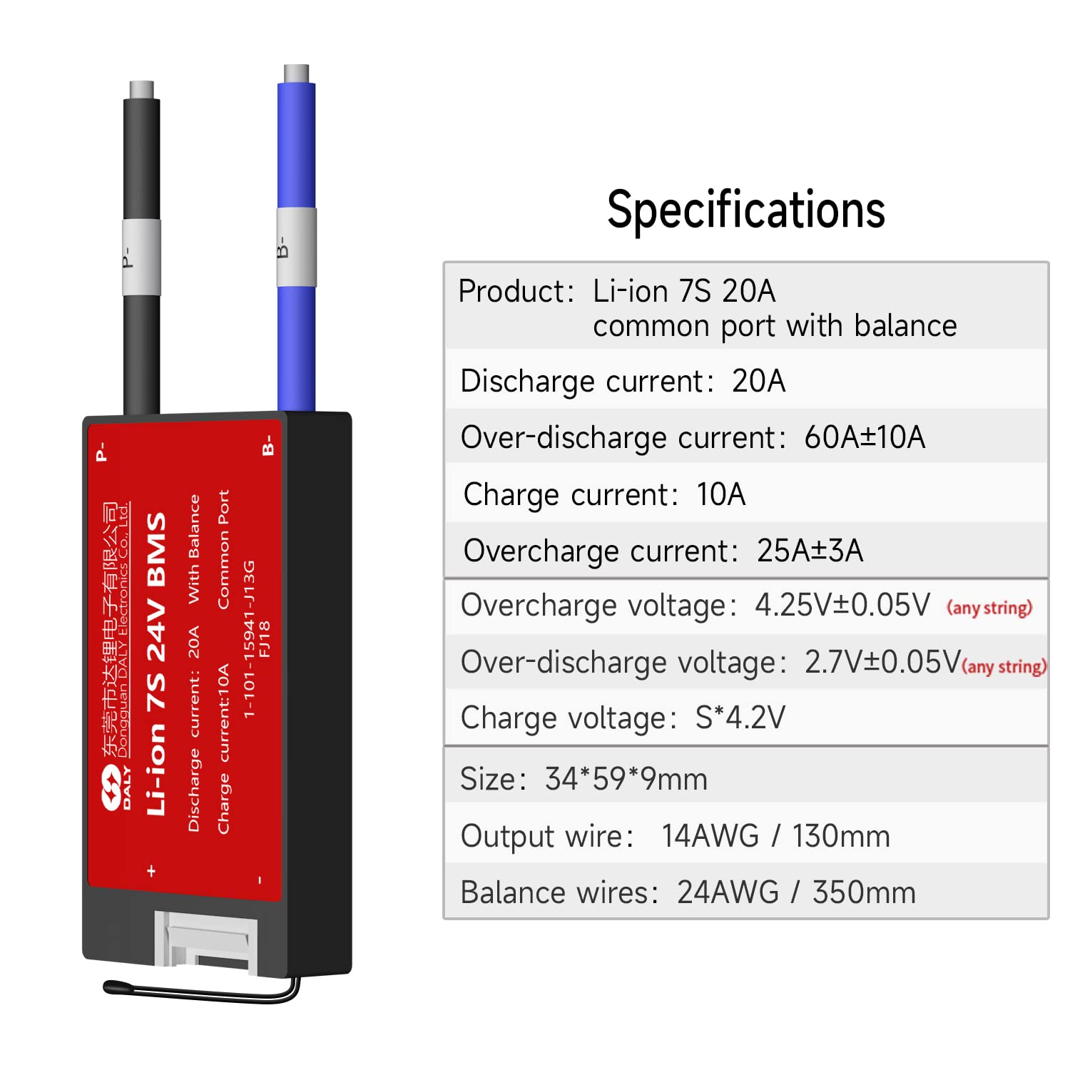 DALY 24V BMS li-ion 7S 20A with Balance Wire and Temperature Sensor for Rated 3.7V Lithium Battery Power Bank Short Circuit Protection(Standard BMS,20A)