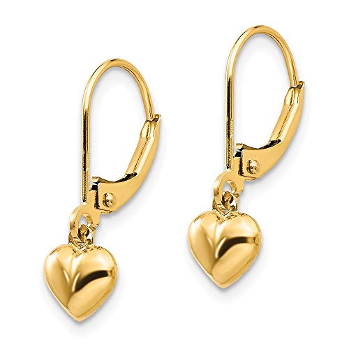 14K Yellow Gold Polished Puffed Heart Leverback Drop Dangle Earrings for Women