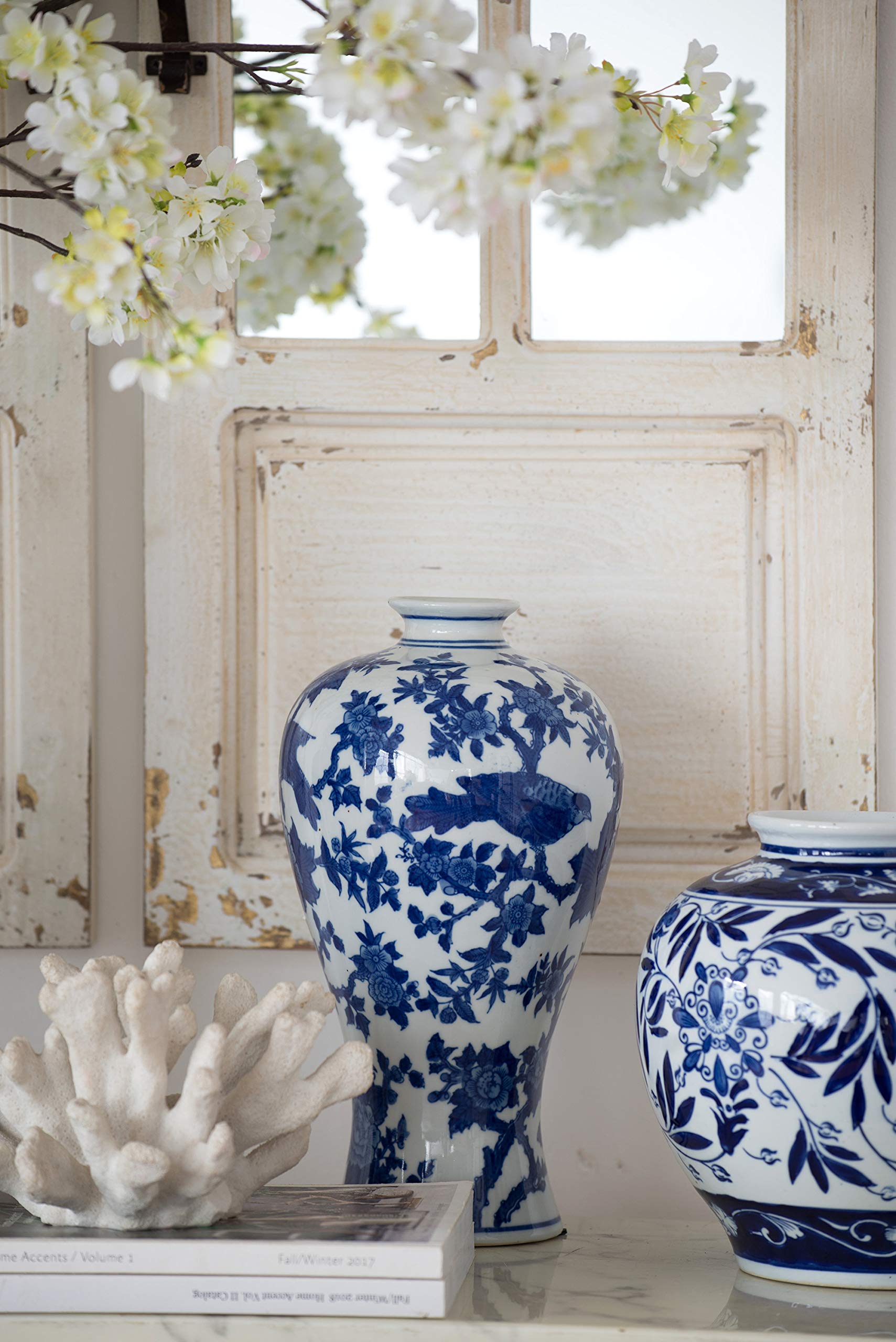 A&B Home 13'' Blue White Porcelain Jar Flower Planter Pot Home Decor Vase Hand Painted Floral Print Tall Vase Asian Decorations