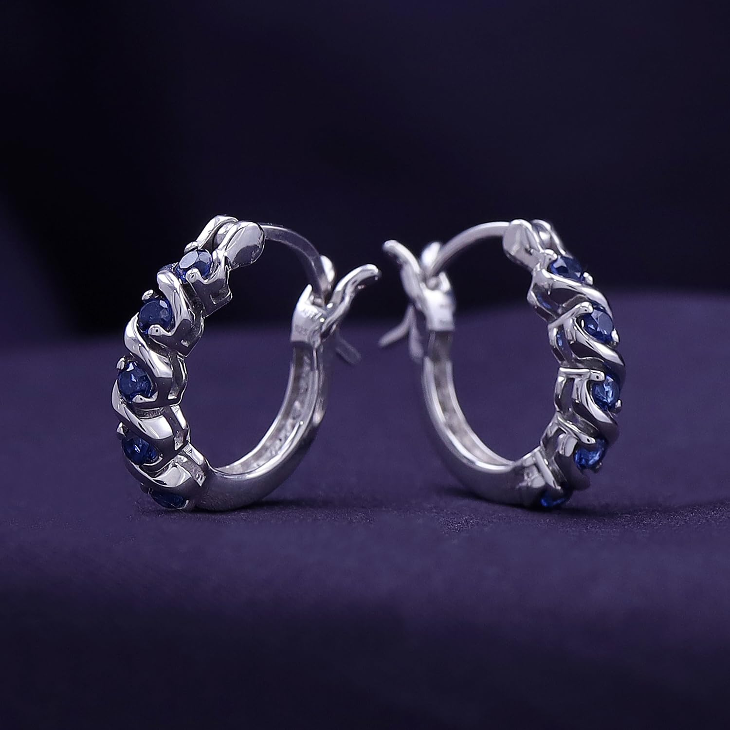 14K White Gold Plated 925 Sterling Silver Round Cut Simulated Blue Sapphire Clarity Of VVS1-VVS2 Dainty Tiny Hoop Earrings Minimalist | Delicate Jewelry, Gift For Her