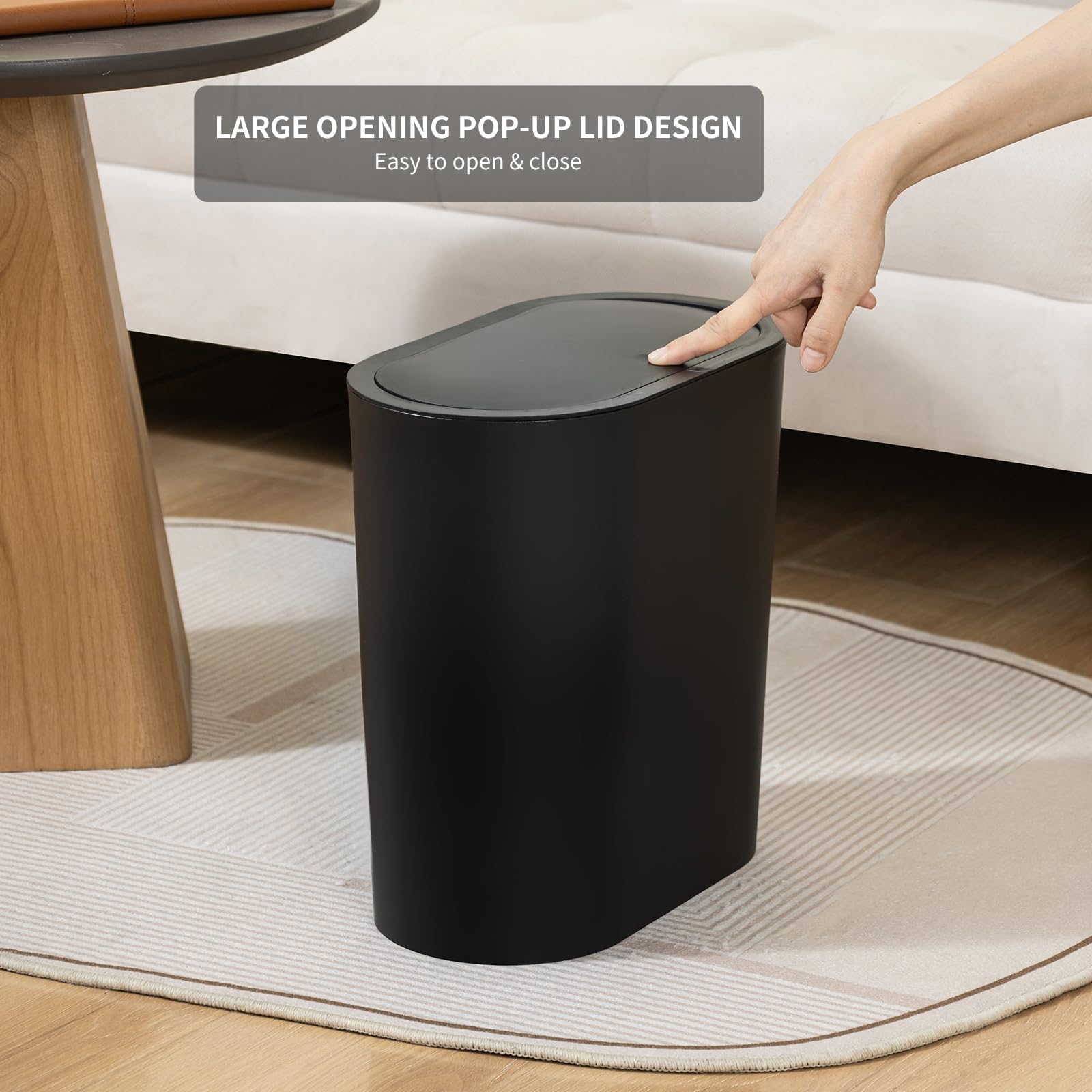 2 Pack Bathroom Trash Can with Lid, 4 Gallon/15L Narrow Garbage Can with Press Top Lid, Covered Trash Bin, Plastic Trashcan Slim Waste Basket for Kitchen, Bedroom, Office, Craft Room, Laundry, Black