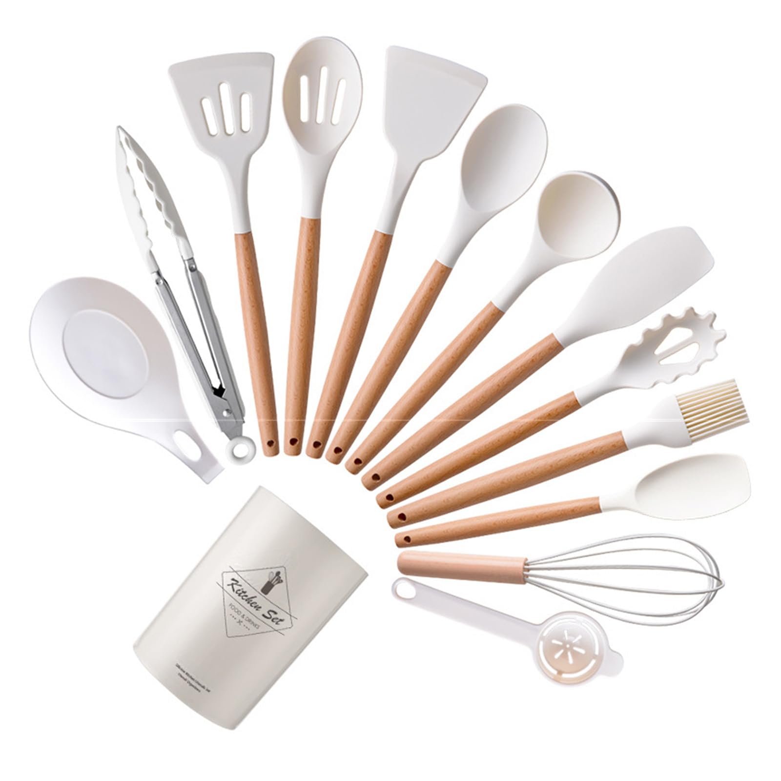 14 Pcs Silicone Kitchen Utensil Set Tongs Spoon Spatula Wood Handle Cooking Utensils Kitchen Gadget Tools Set Non Stick Heat Resistant Cooking Utensils