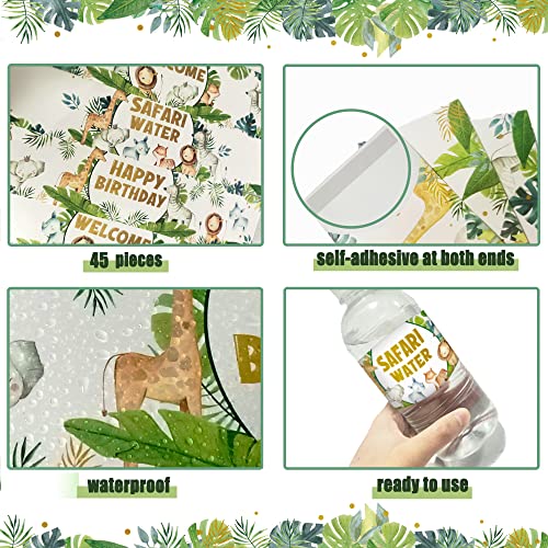 45 Safari Birthday Water Bottle Labels, Wild One Baby Decorations, Jungle Animal Themed Two Three Birthday Waterproof Drinking Bottle Cup Sticker Wraps(8.85 * 2'')