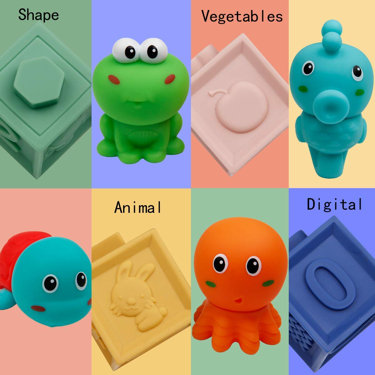 15PCS Baby Blocks Soft Building Blocks Baby Stacking Blocks Teething Toys 3 Water Bath Animals Teether Toy Educational Squeeze Play with Numbers Animals Fruit Shapes Textures Infant Toddlers 6 Months