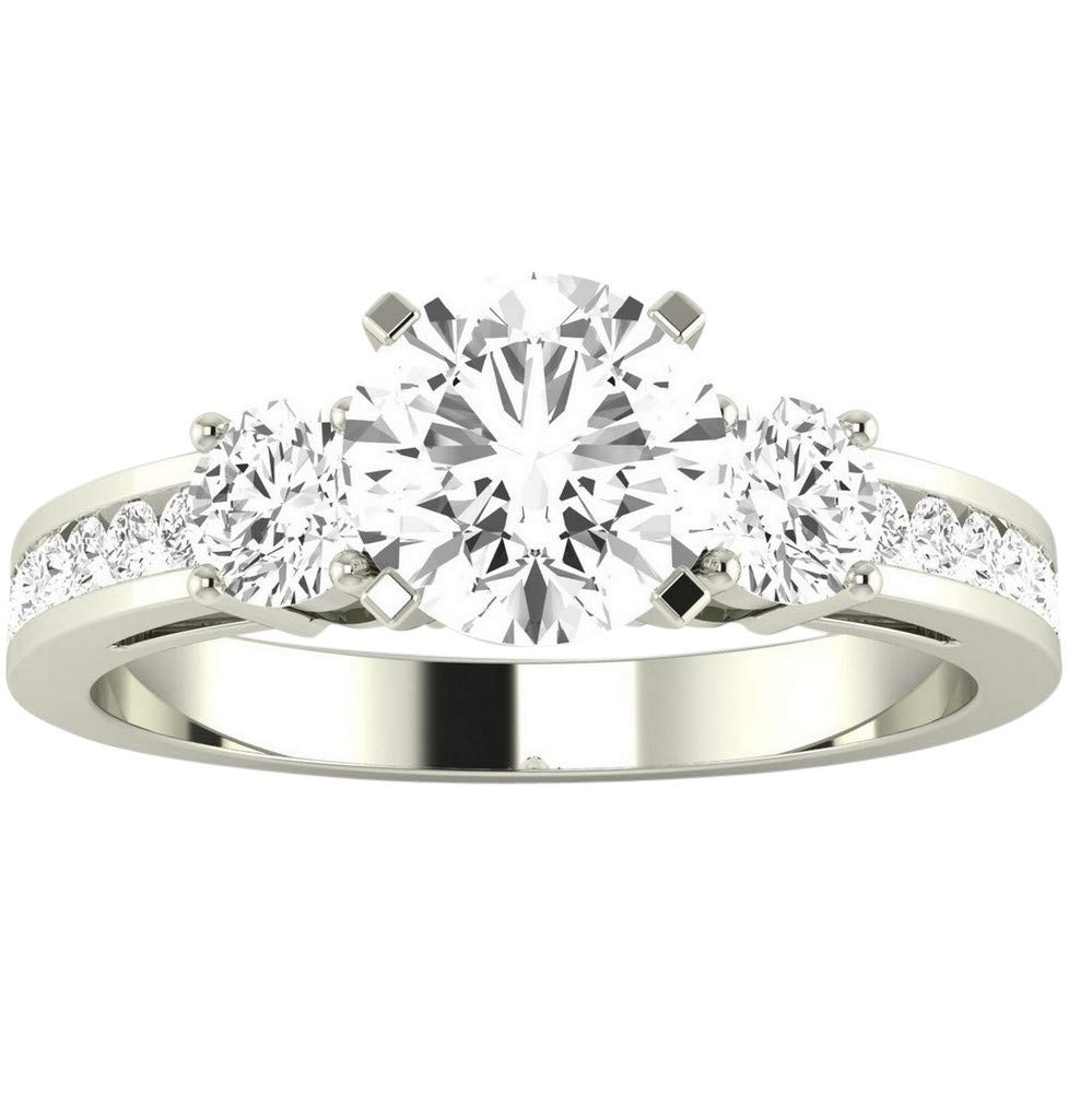 14K White Gold 3.25 Carat LAB GROWN DIAMOND Channel Set 3 Three Stone Round Cut Diamond Engagement Ring (E-F Color VS2-SI1 Clarity 2.5 Ct Center)