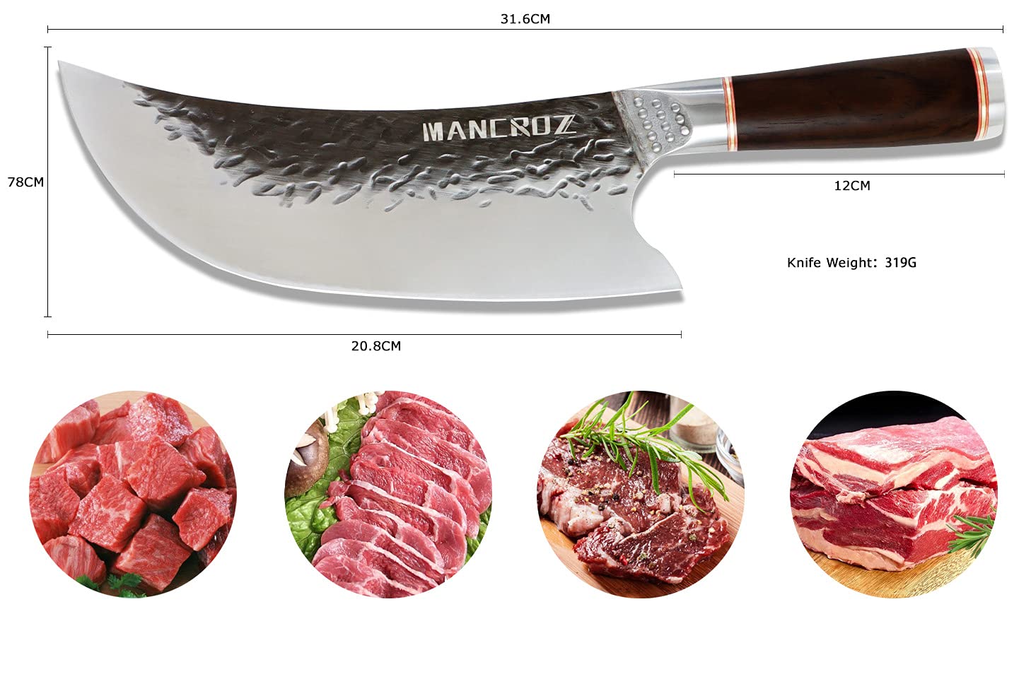 MANCROZ 8 Inch Butcher Boning Knife With Leather Sheath Stainless Steel Meat Cleaver Knife Hand Forged Chef Knives For Kitchen Outdoor BBQ Camping…