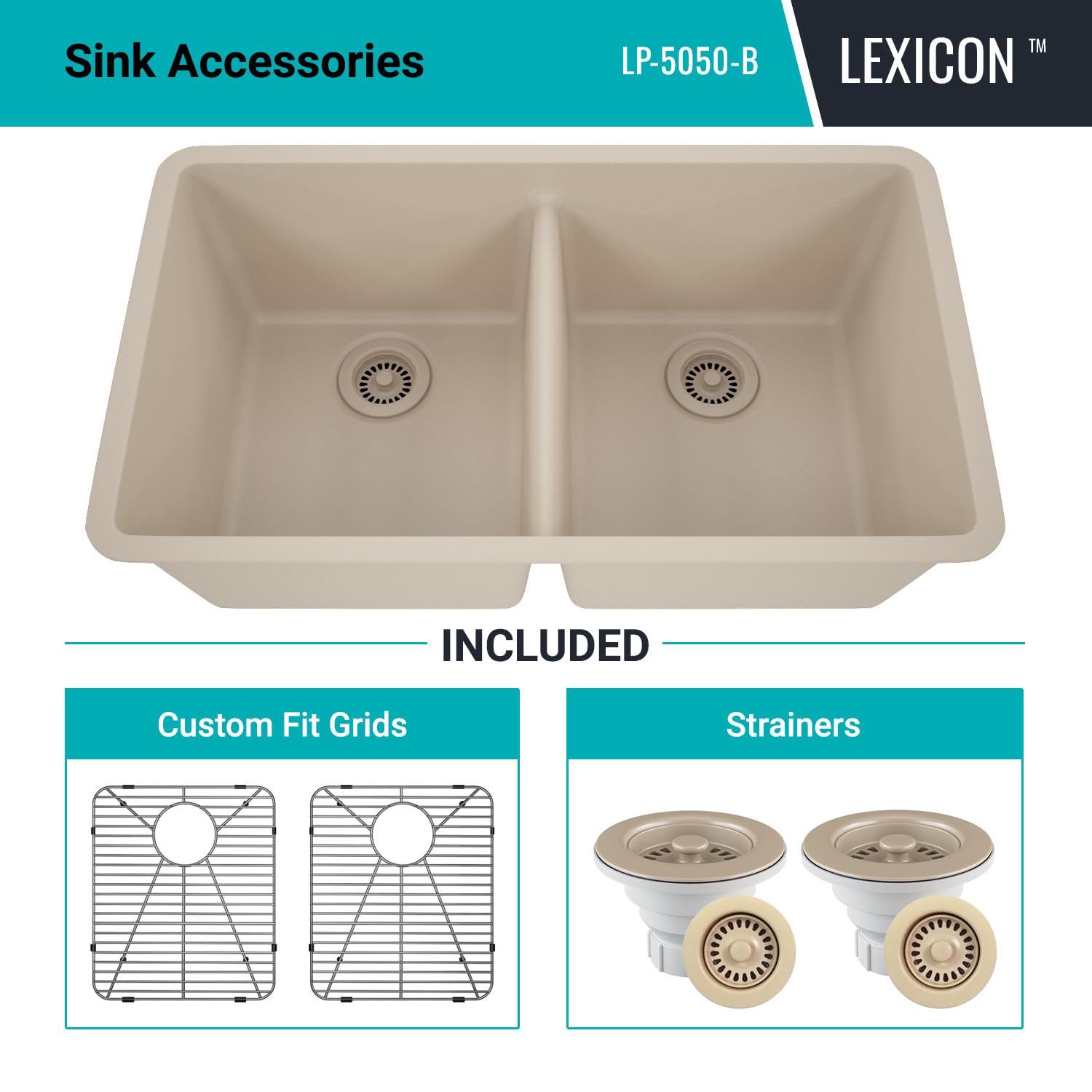 32" x 19" Quartz Kitchen Sink, 50/50 Double Bowl Kitchen Sinks, Drop-in Sink, Undermount Sink, Galaxy Beige Kitchen Sink, Double Sink Kitchen, Grids, Strainer and Flange, Lexicon Platinum LP-5050-B