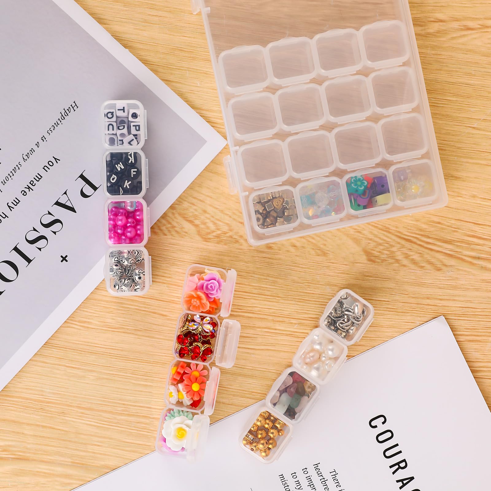 28 PCS Nail Charm Storage, Organizer Bead Storage Containers Mini Clear Boxes with Hinged Lid Bead Box Organizer Plastic Storage Cases Large Rectangle Organizing Box for Jewelry Making Craft Supplies