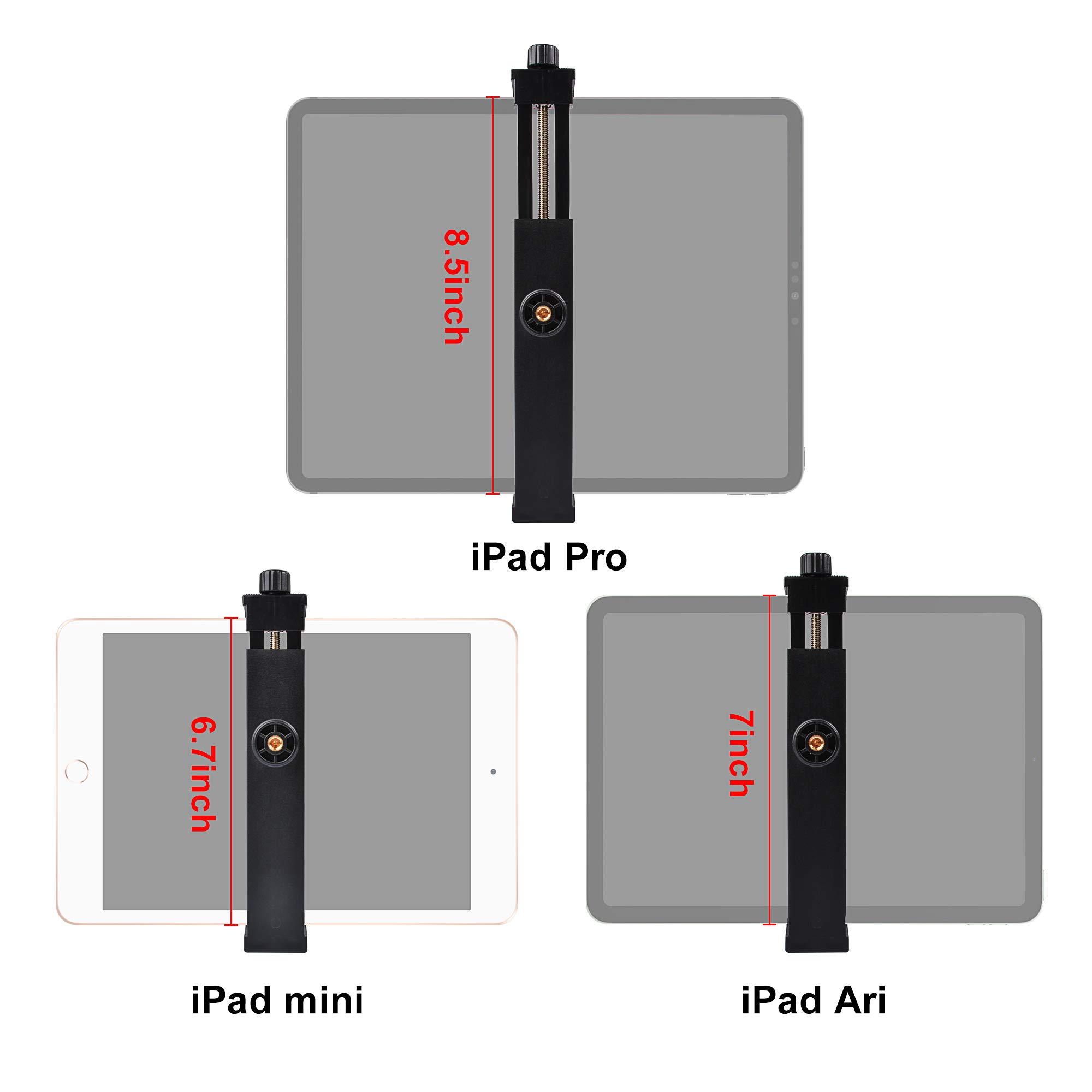 iPad Holder, Tablet Tripod Mount Adapter and Camera Shutter 6.3-9.25 inches Adjustable Vlog Clamp Compatible with iPad Mini iPad 2/3/4, Air/Air2, iPad Pro Microsoft Surface Samsung Tab A10 Fire