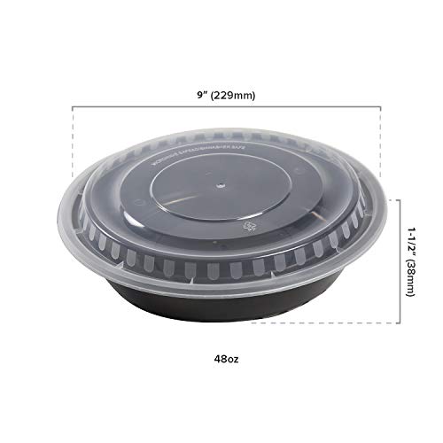 AmerCare 9 Inch Round Black Plastic Containers with Lids, 48 Ounces for Microwave or Freezer, Pack of 150