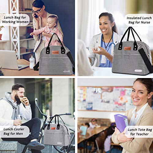 BALORAY Reusable Lunch Bag for Women Men Leakproof Multi-functional with Shoulder Strap Adult Lunch Box Thermal Cooler Bag Lunch Container for Women Men Work Picnic (Black White Strip)