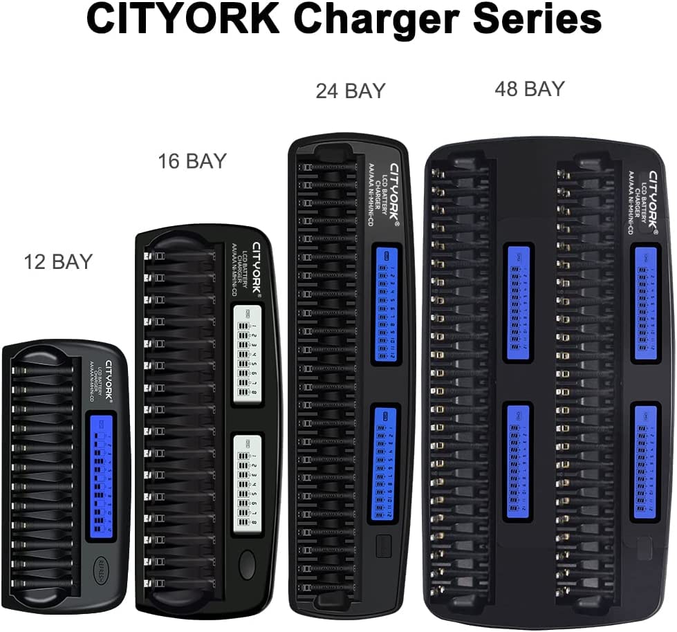 CITYORK 24 Bays Large Smart Battery Charger LCD Display Quick for 1.2V AA/AAA NiMH/NiCd Rechargeable Batteries with Built-in IC Protection & AC Wall Adapter