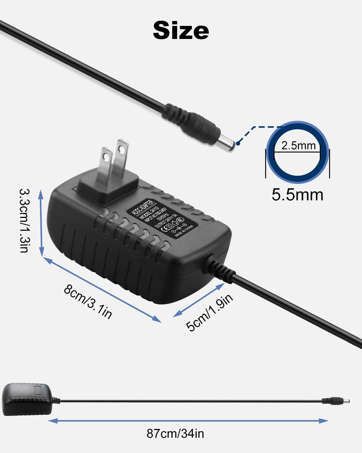 24V 1A DC Power Supply Adapter 24 Volt AC Adapter 100-240V 50-60Hz to DC 24V 1A Power Adapter Cord, 24V DC Power Supply 1A Adapter with 5.5mmx2.5mm DC Outlet Plug and 1 More Tip