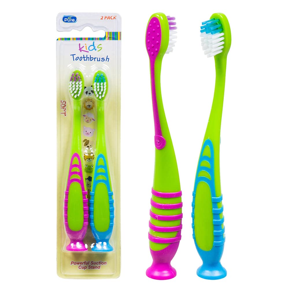 ALL PURE 6 Pack Kids Toothbrush Suction Cup Stand Soft Bristles Toddler Clean Oral Care