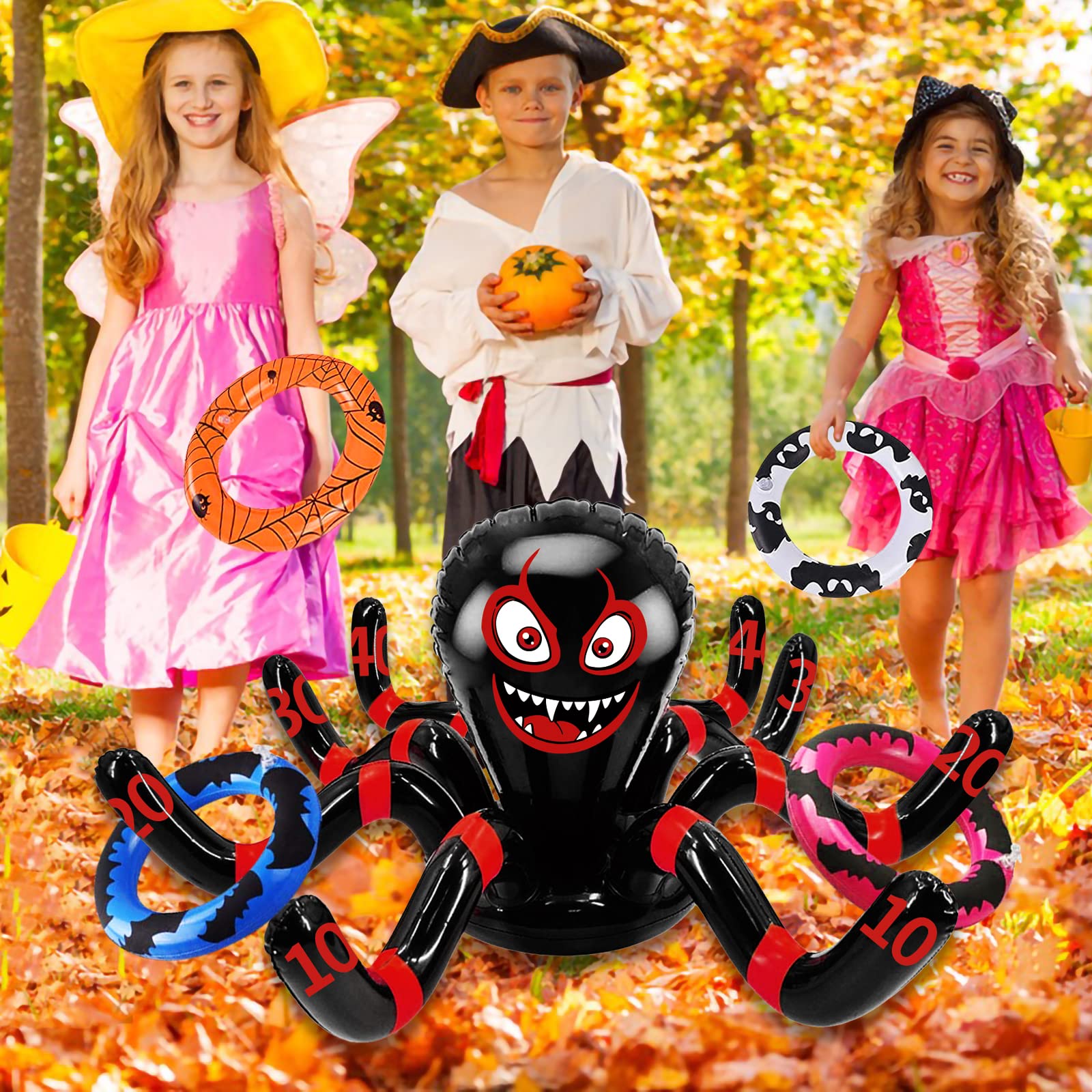 15Pcs Halloween Games Inflatable Spider Ring Toss Game with 12 Rings and Pump Halloween Ring Toss Game Set Gift for Kids Adults