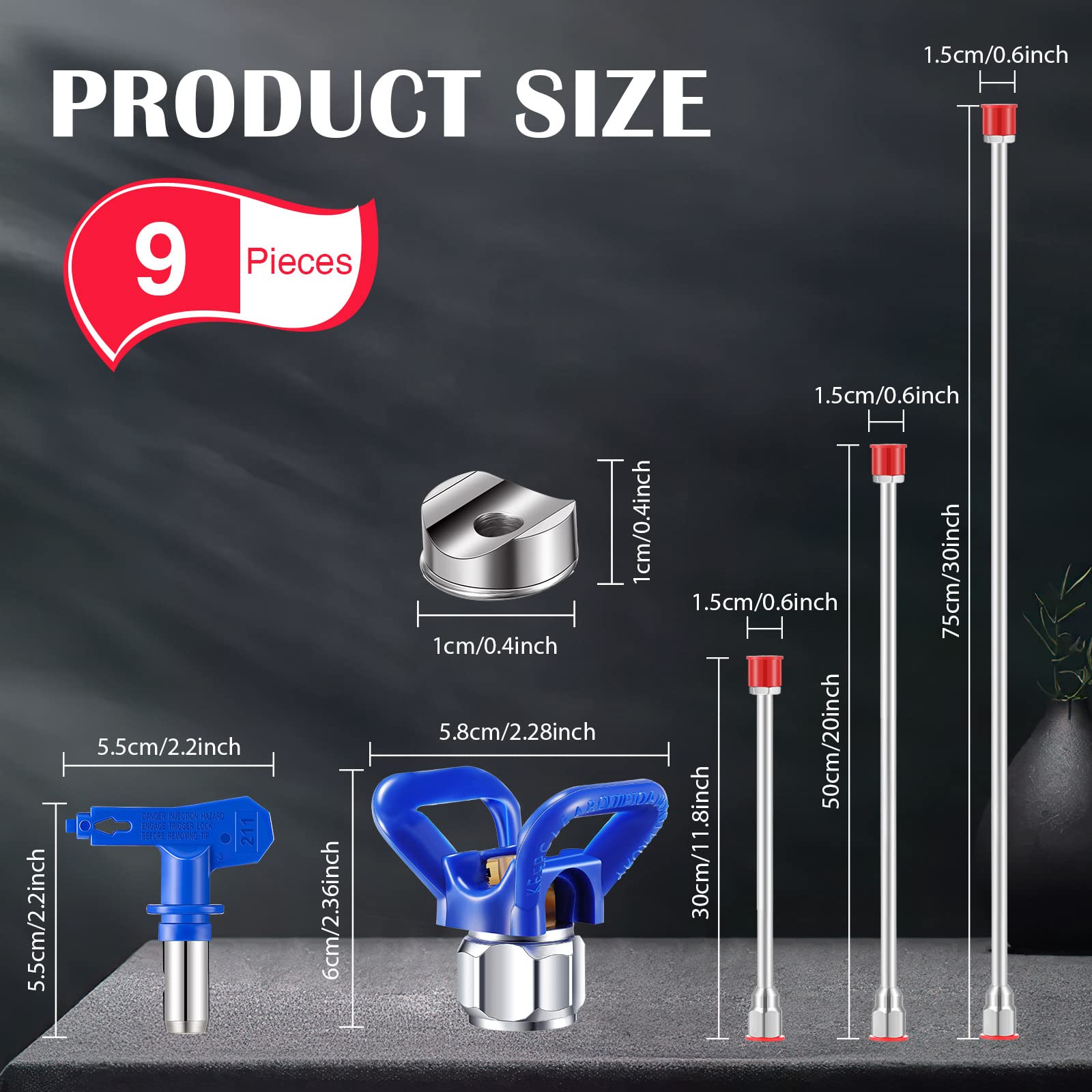 9 Pieces Paint Sprayer Airless Reversible Spray Tip Nozzles Paint Spray Tips Airless Sprayer Nozzles and Airless Sprayer Gun Tip Extension with Red Guard Pole Rod and Paint Sprayer Tips
