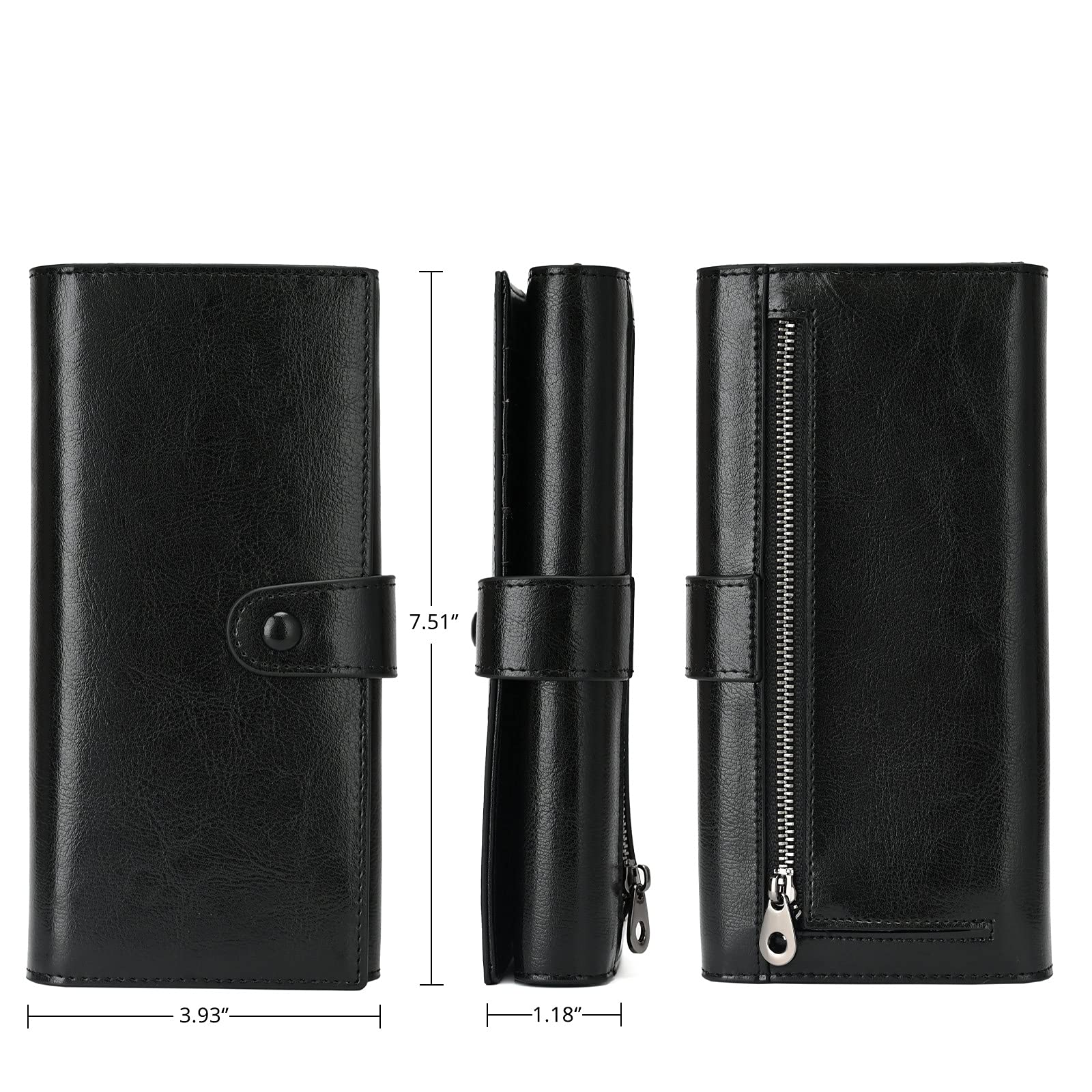 Alldaily RFID Blocking Large Capacity Leather Clutch Wallets Trifold Credit Card Holder for Women (Black)