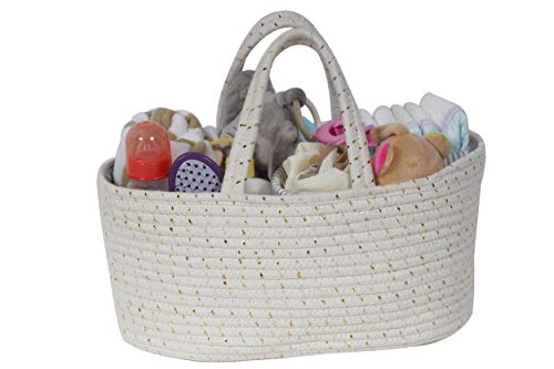 Baby Rope Diaper Caddy Organizer - Premium Large Hand Woven White Rope Organizer with Gold Accents. Great Storage Organization Basket for Newborn Diapers. Great Nursery Decor or Portable Baby Bag.